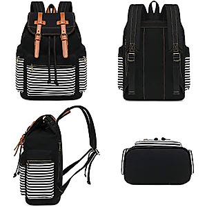 Bluboon Canvas School Backpack Women College Bookbag Girls Travel Rucksack 15.6Inch Laptop Bag (Black Stripe)
