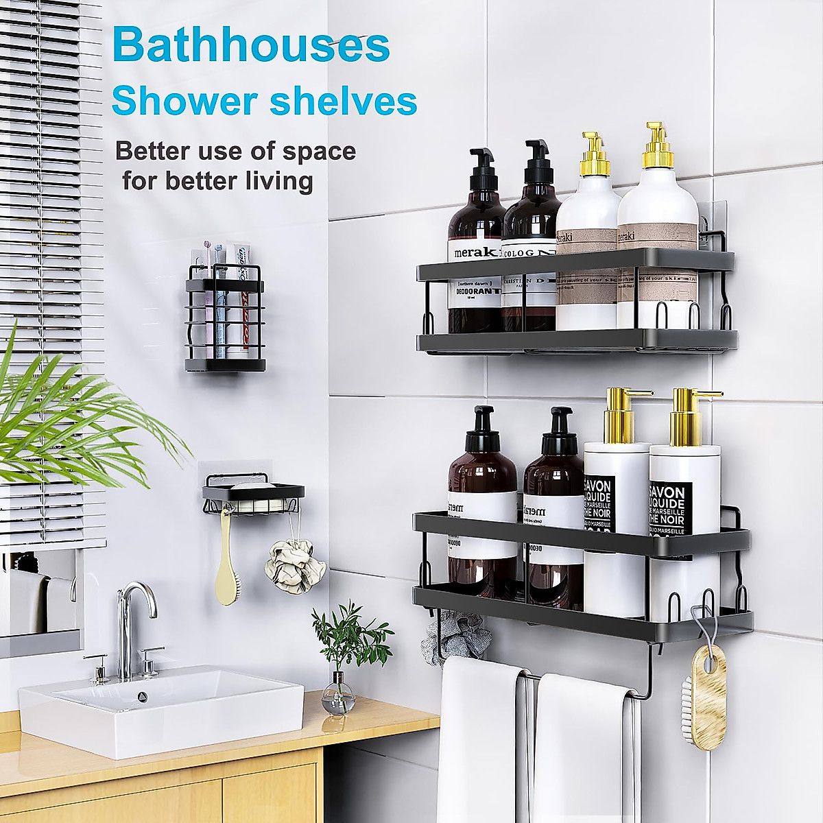 ZTDT Shower Caddy Shelf Organizer Rack Adhesive Shower Organizer Wall Mounted Storage Shower Basket Bathroom Shower Organizers Shower Shelf for Inside Shower with Soap Caddy Toothbrush Holde。