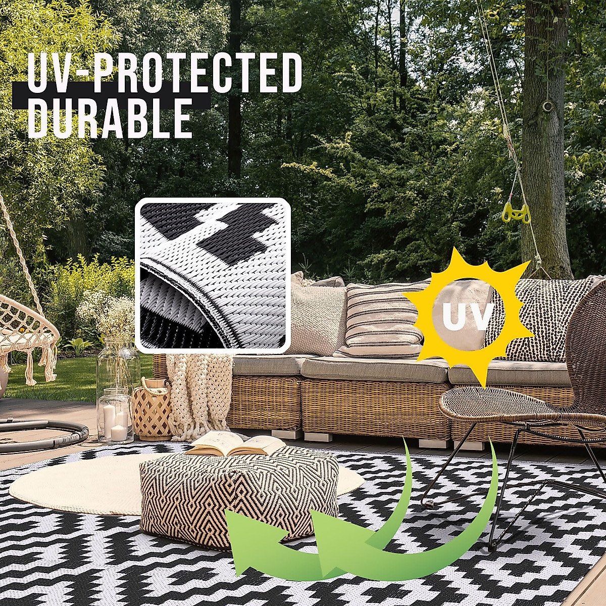 OLANLY Waterproof Outdoor Rug 5x8 ft, Reversible Plastic Straw Patio Rug for Camping, RV Mat Outside, Indoor Outdoor Carpet for Porch, Deck, Backyard, Camper, Balcony, Picnic, Black & White