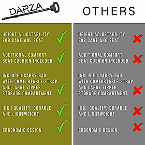 Darza Adjustable Cane with Seat, Walking Stick with Seat, Cane Stool, Lightweight Aluminum and Ergonomic Design, Includes Removable Cushion and Carry Bag with Pocket Storage