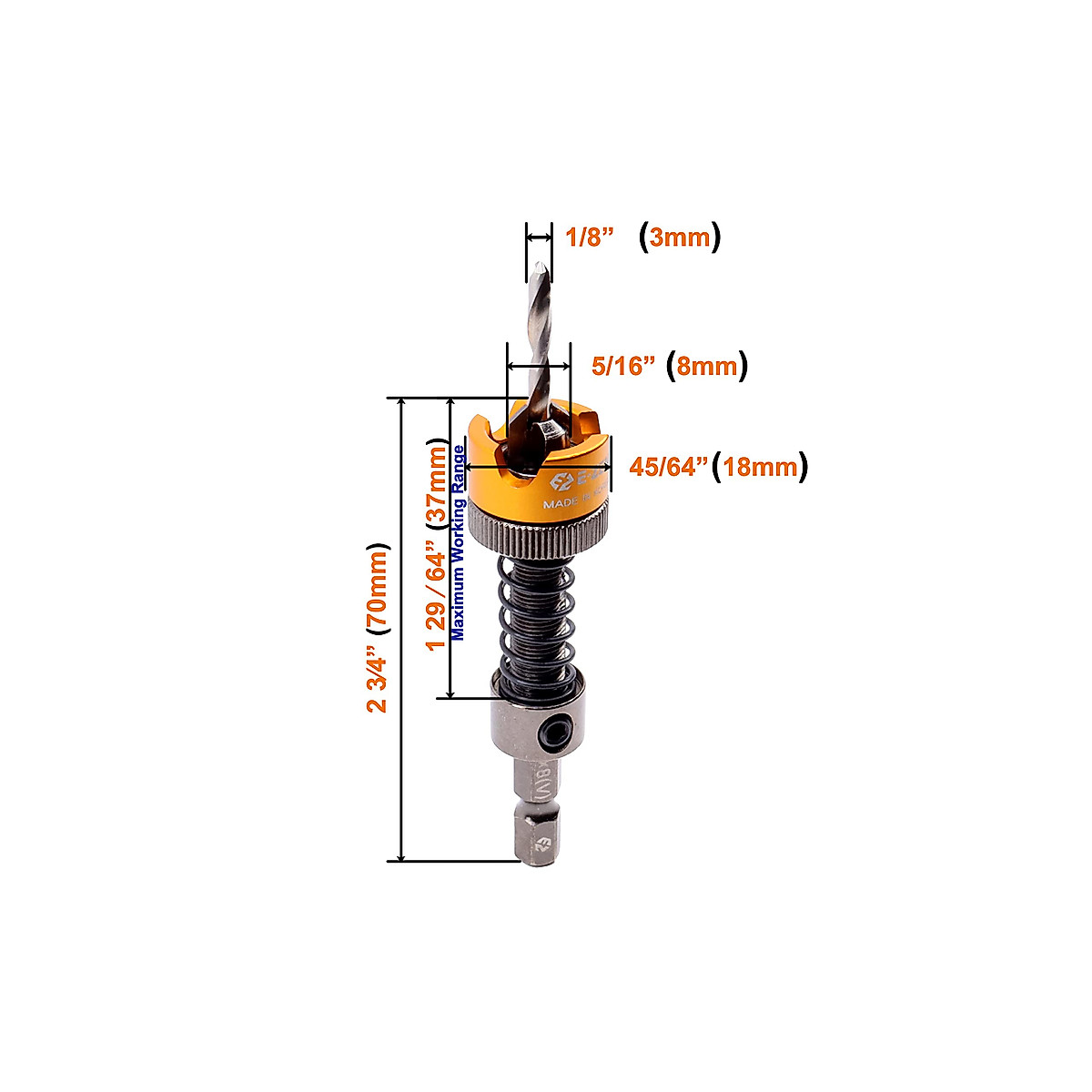 Adjustable Depth Countersink Drill Bit, Self-Adjusting Depth Control Without Wrench, Preventing Scratches Or Marks by Stopper Mounted Bearing, Tungsten Carbide Tipped Counterbore (1/8" x5/16(3x8mm))