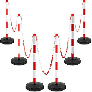 Traffic Delineator Post Cone, Plastic Stanchion Post Set Crowd Control Stands Barrier with 6.6 ft Link Chain and S Hooks for Parking Lot Construction Caution Roads, Red, White (6 Pack)