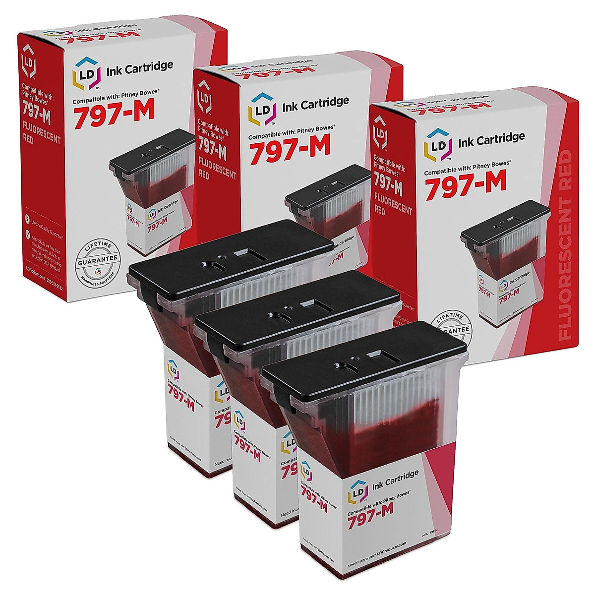 LD Compatible Ink Cartridge Replacement for Pitney Bowes 797-M (Fluorescent Red, 3-Pack)