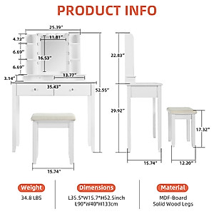 AODAILIHB Vanity Desk with Mirror and Lights, 35" Makeup Vanity Dressing Table with Vanity Stool/2 Drawers/Open Shelves/3 Color Lighting Modes & Brightness Bedroom Furniture (White)