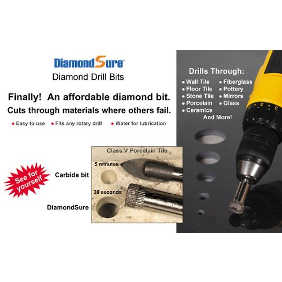 2-1/4" 57.5 mm DiamondSure Diamond Hole Saw Drill Bit for Glass, Tile, Granite, Ceramic, Porcelain, Stone