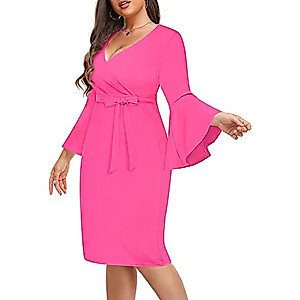 Hot Pink Barbie Dress Plus Size Wrap Around Cocktail Wedding Guest Bell Sleeve Elegant Evening Party Bodycon Dress Curvy Women
