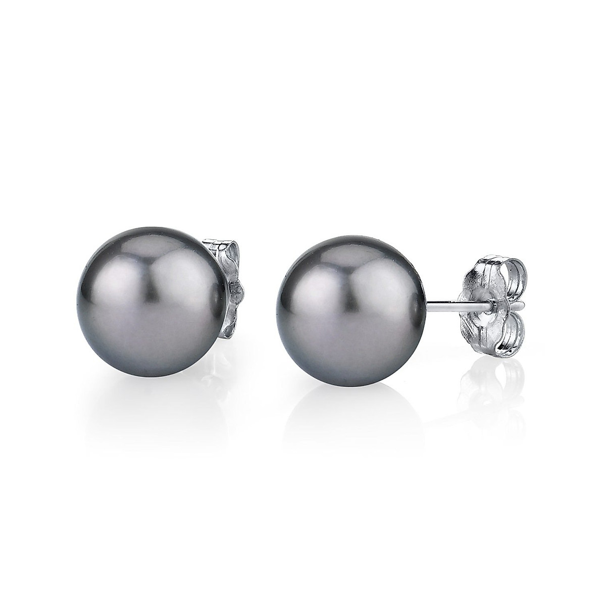 THE PEARL SOURCE 14K Gold 8-9mm Round Silver Tahitian South Sea Cultured Pearl Stud Earrings for Women