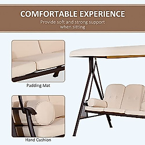 Outsunny 3-Seat Patio Swing Chair, Outdoor Porch Swing Glider with Adjustable Canopy, Removable Cushion, Pillows and Side Trays, for Garden, Poolside, Backyard, Beige
