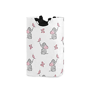 AGONA Cute Elephants Pink Butterflies Laundry Basket with Handles Large Storage Bin Collapsible Fabric Laundry Hamper Foldable Laundry Bag for Kids Room Toy Bins Gift Baskets Bedroom Baby Nursery