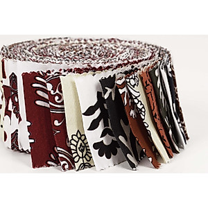 Soimoi 40Pcs Asian Block Print Cotton Precut Fabrics for Quilting Craft Strips 2.5x42inches Jelly Roll - Maroon, White, Pale Yellow, Brown