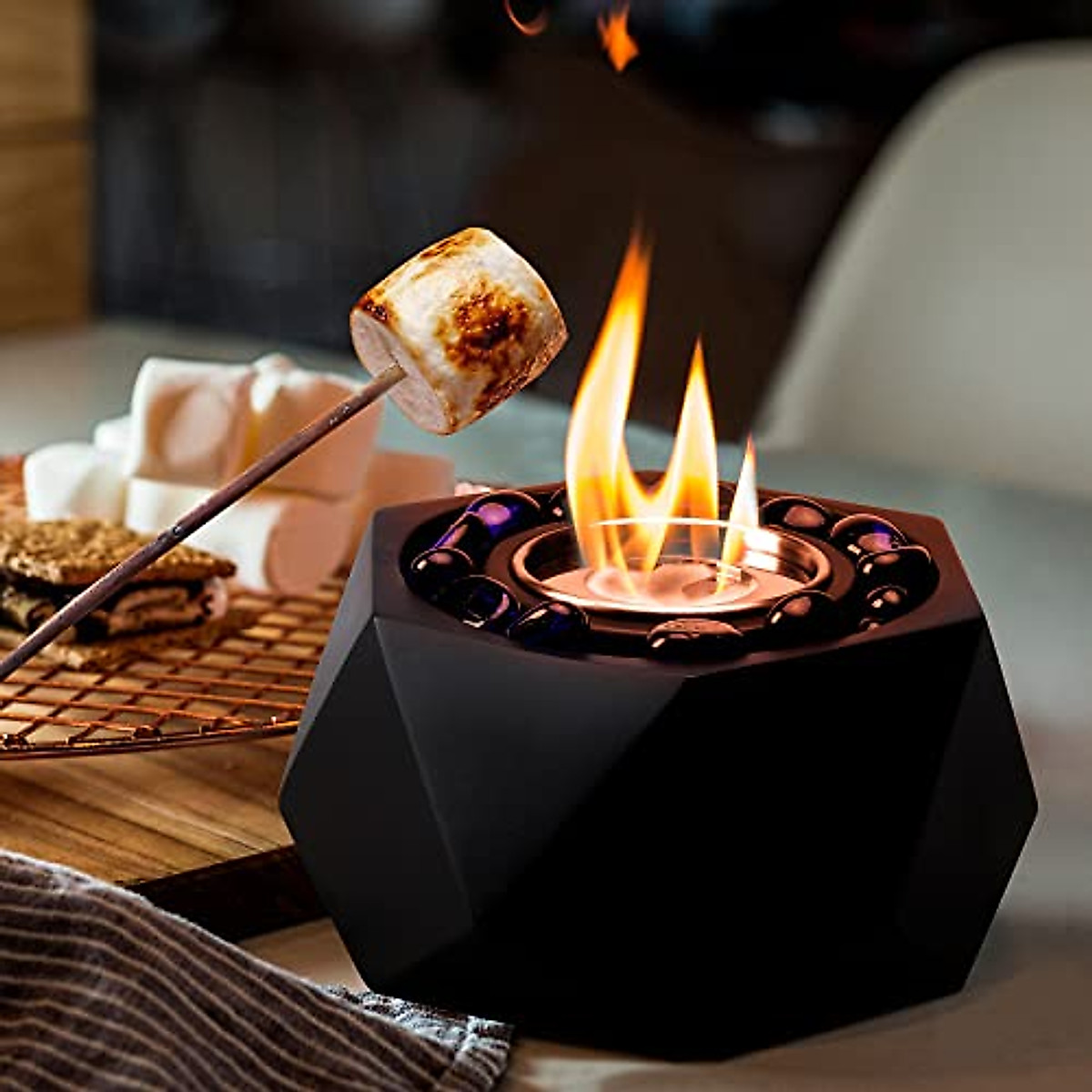 Believe ON Table Top Firepit, Portable Indoor Small Fire Pit, Concrete Fireplace for Home Decor, Patio & Outdoor, with Extinguisher and Fire Glasses (Black)