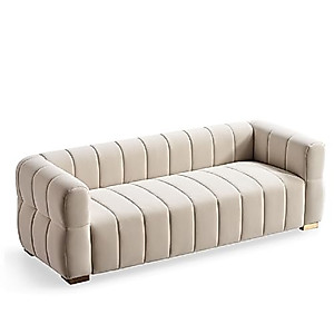 Container Furniture Direct Art Deco Velvet Sofa with Tufted Low Back Design, Sophisticated 3 Seater Couch for Living Rooms, 89 Inch Wide, Easy Assembly, Beige
