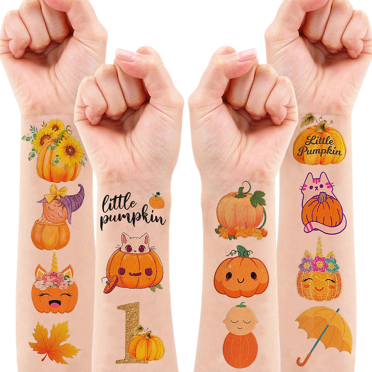 Little Pumpkin Baby Shower Birthday Temporary Tattoos - 80PCS Pumpkin Fall 1st Stickers for Party Decorations, Favors, and Prizes - Pink, Orange, and Maple Leaf Themed - Ideal Gifts for Boys