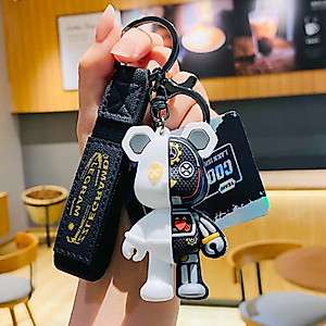 HSYHERE Fashionable Cool Half Mechanical Body Standing Bear Keychain, Stylish soft silicon Bear Key Ring Collection Bag Pendant New Year Christmas Valentine Gift Car Key Metal Keyring -Black