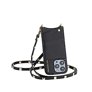 Bandolier Sarah Crossbody Phone Case and Wallet - Black Leather with Gold Detail - Compatible with iPhone 14 Pro Max