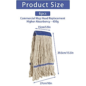 LISHINE 6 Pcs Mop Head Replacement Commercial Heavy Duty Mop Head for Floor Cleaning Wet Industrial White Cotton Loop-End String Wet Mop Head for Home, Industrial Cleaning