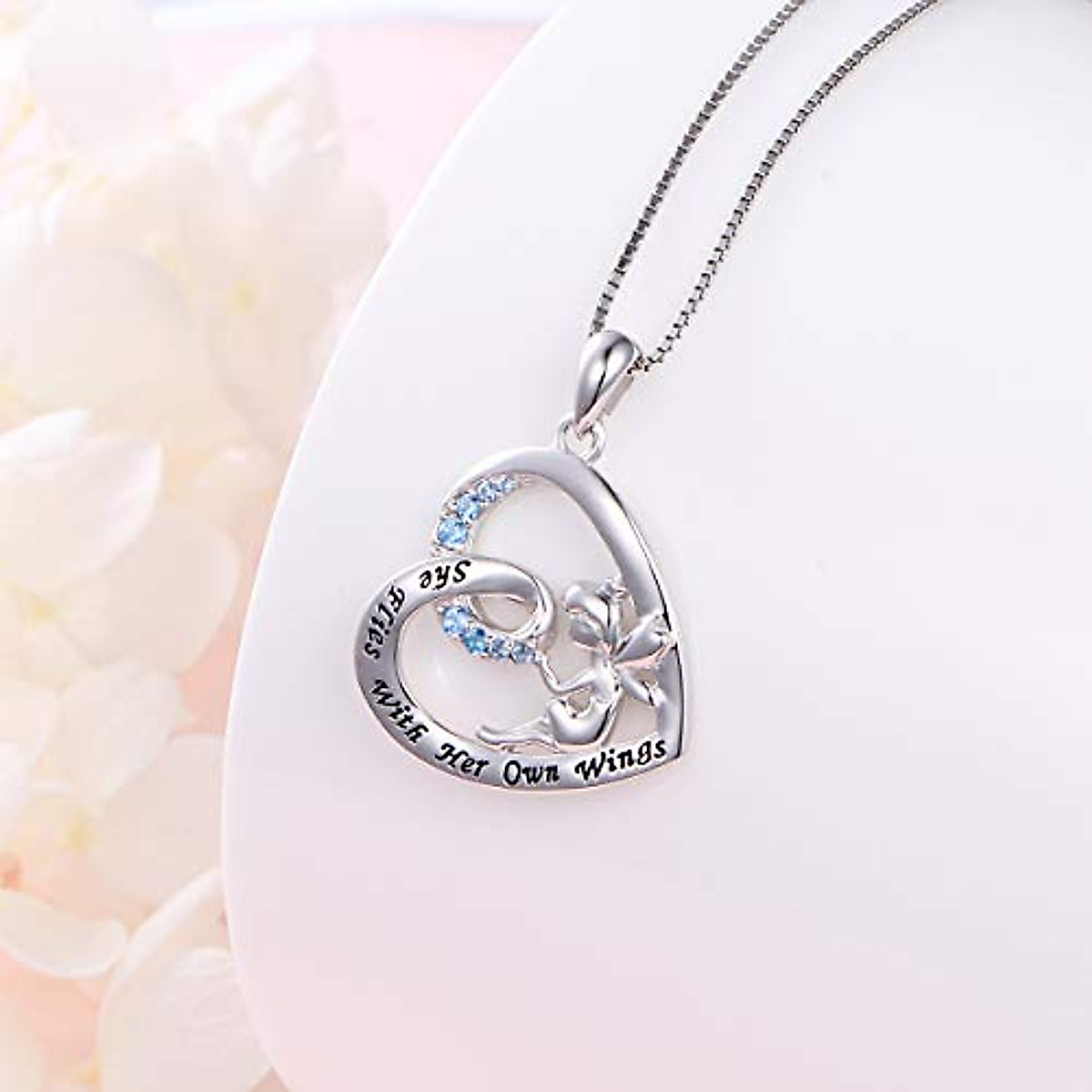 DAOCHONG S925 Sterling Silver Fairy with Angel Wings Engraved Inspirational She Flies With Her Own Wings Pendant Necklace for Princess Girls Women