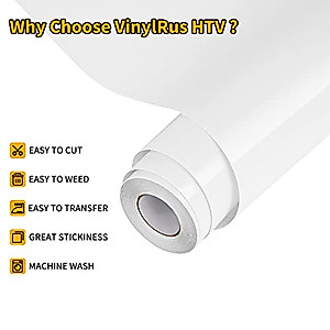 VinylRus Heat Transfer Vinyl-12” x 20ft White Iron on Vinyl Roll for Shirts, HTV Vinyl for Silhouette Cameo, Cricut, Easy to Cut & Weed