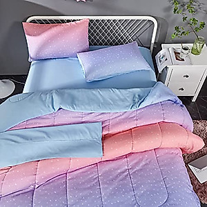 ALAOOKKA Rainbow Comforter Set for Teen Girls Women,Twin Size 4 Piece Bed in A Bag,Metallic Printed Glitter Comforter and Sheets,Ultra Soft Microfiber All Season Bedding Set(Twin,Blue)