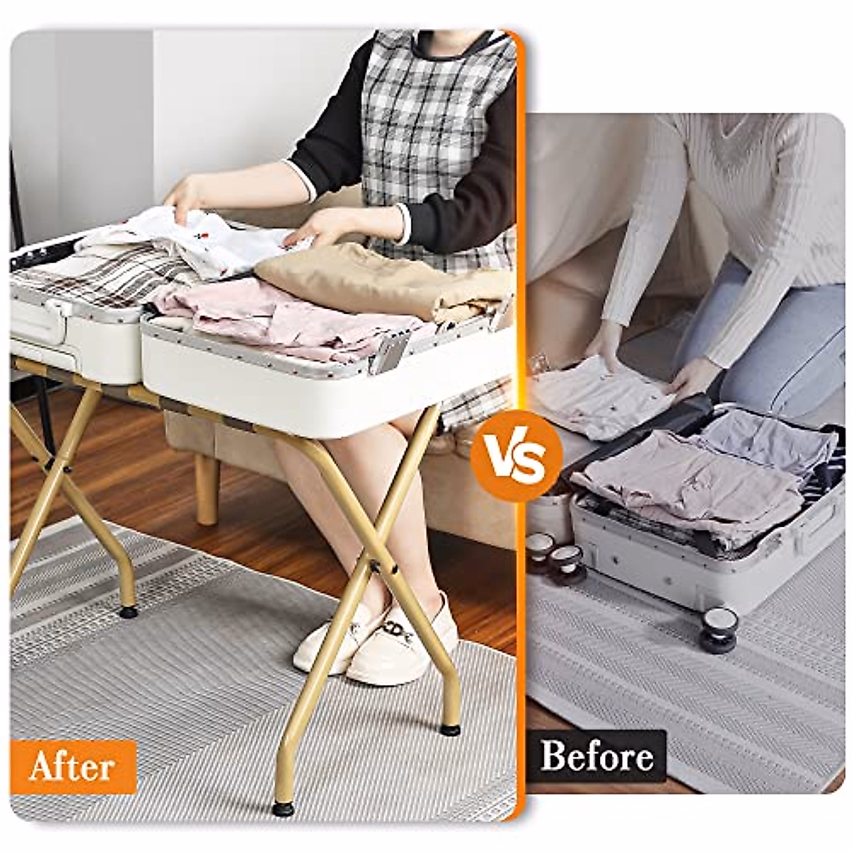 ELYKEN 2 Pack Folding Luggage Rack for Guest Room, Easily Assemble Metal Suitcase Stand, Foldable Space Saving Hotel Storage Rack,Heavy Duty Max 110LBS Loading Bearing Luggage Holder, Gold