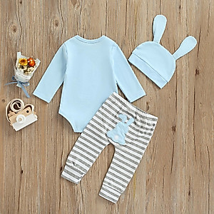 Meiweileya Newborn Baby Boys Easter Bunny Outfits My 1st Easter Romper+Striped Pants+Ear Hat 3Piece Rabbit Clothes Set (Light Blue, 3-6 Months)