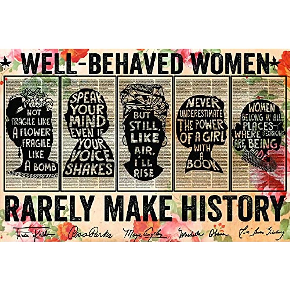 Feminist Wall Art Decor - Well Behaved Women Seldom Make History Poster - Frida, Ruth Bader Ginsburg, Rbg, Angelou, Rosa Park, Powerful Women, Women Speak Womens Rights - Unframed(18x12 inches)