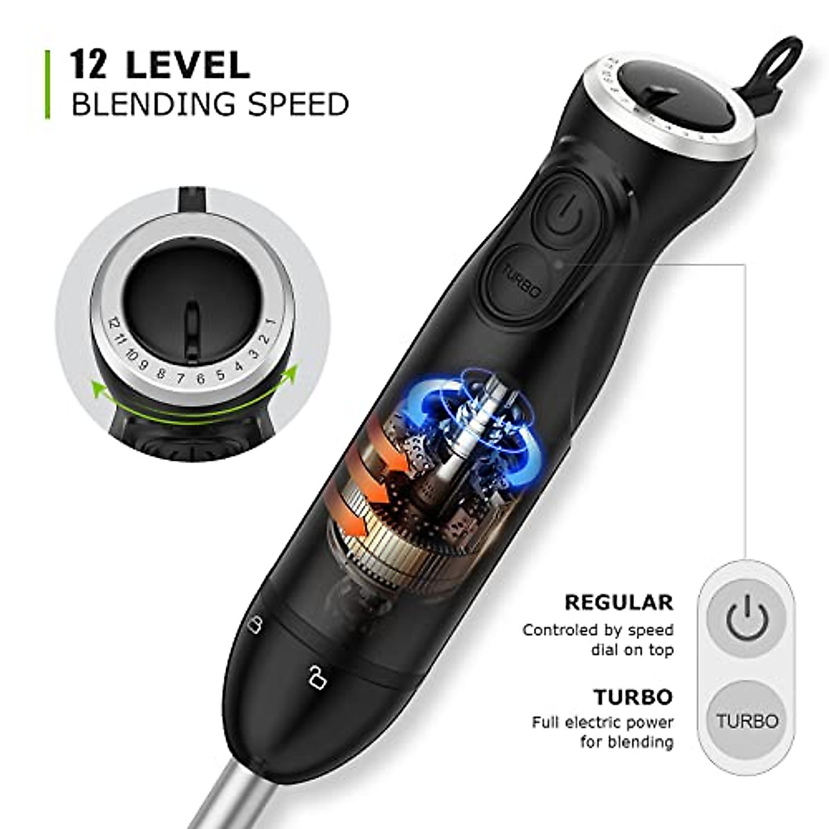 Bonsenkitchen Handheld Blender, Electric Hand Blender 12-Speed with Turbo Mode, Immersion Hand Held Blender Stick with Stainless Steel Blades for Soup, Smoothie, Puree, Baby Food