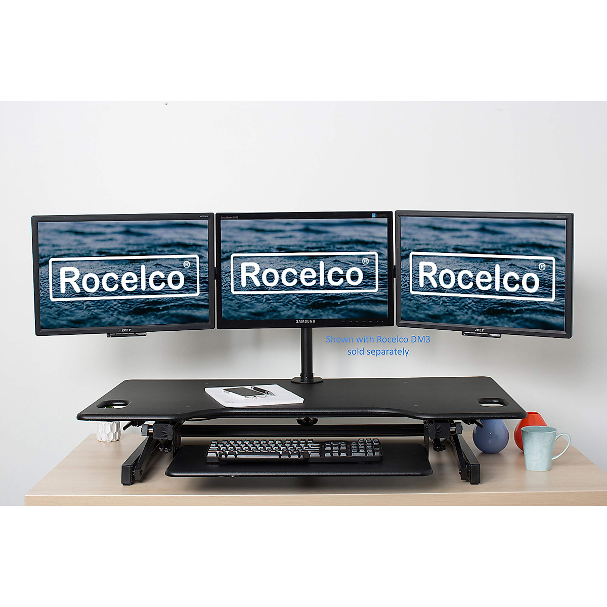 Rocelco 46" Large Adjustable Standing Desk Converter with Triple Monitor Mount - Sit Stand Up Computer Workstation Riser - Retractable Keyboard Tray - (R DADRB-46-DM3), Black