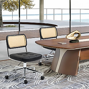 Newnno Mid Century Modern Home Office Chair with Wheels, Armless Leather Desk Chair Rattan Chair, Upholstered Adjustable Height Task Chair Swivel Computer Chair, Black