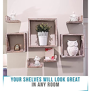 Comfify Rustic Wall Mounted Square Shaped Floating Shelves – Set of 7 – 3 Square Shelves and 4 L-Shaped Rustic Shelves – Screws and Anchors Included – Rustic Wall Décor - Rustic White