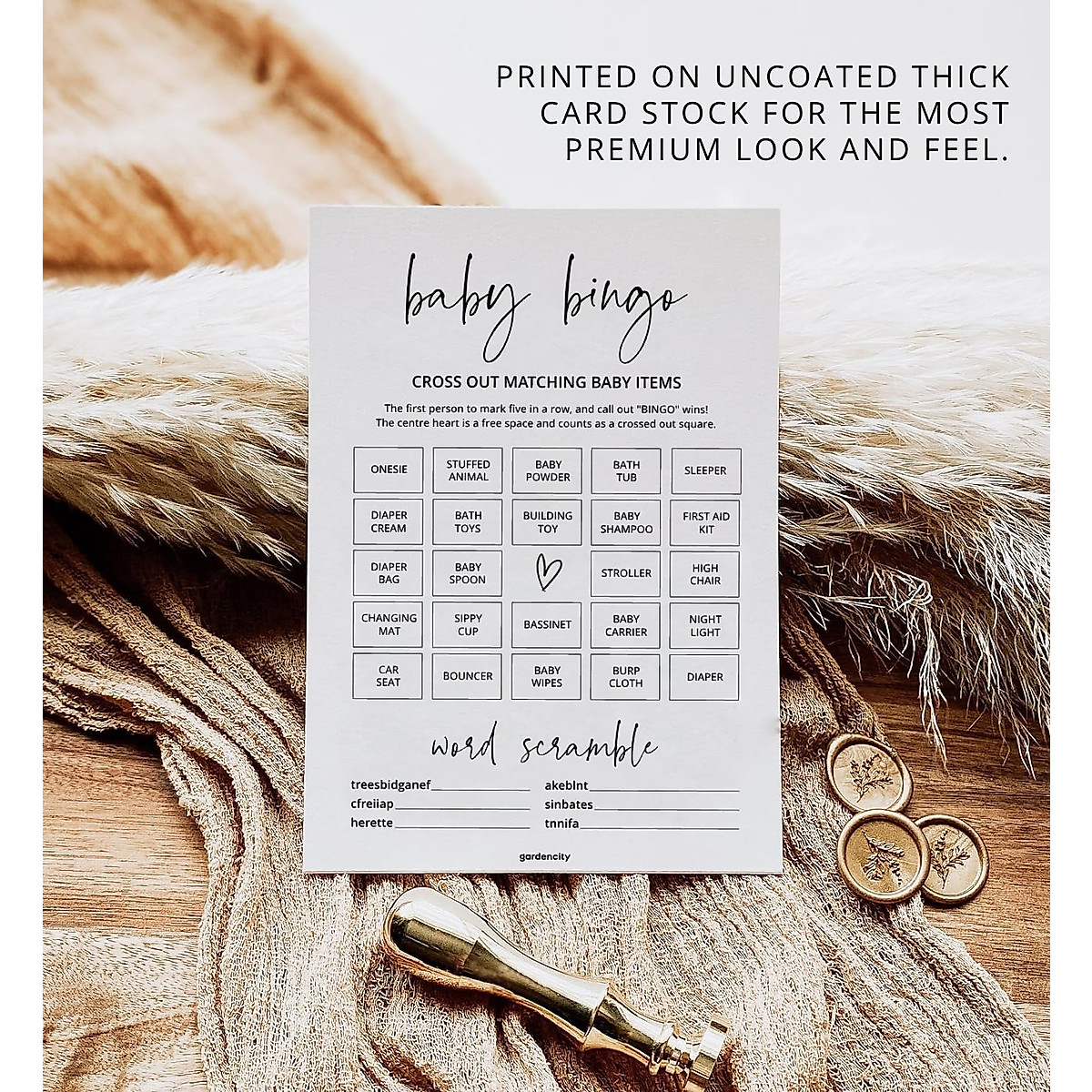 Baby Shower Bingo Game (50 Unique Cards), Pre-Filled, Baby Shower Games, Added Word Scramble (Minimalist)