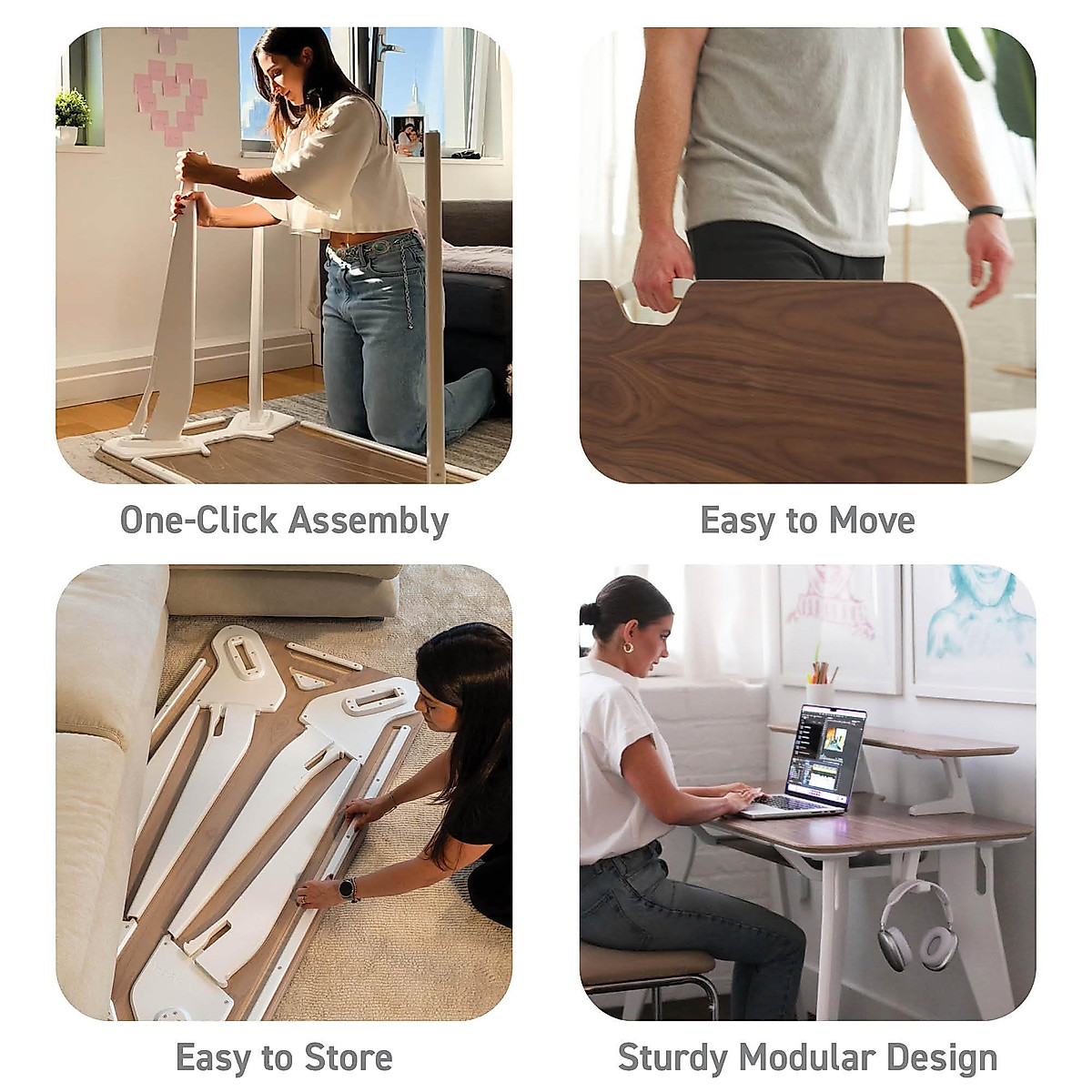 HOEK, Desk, No-Tools, Easy Assembly, Space-Saving, Modular, Mid-Century Modern, Sustainable, Headphone Hook, Monitor Shelf, Home Office, Study, Writing,Working, 23Dx30Hx47.5W (Walnut Top/Black Legs)