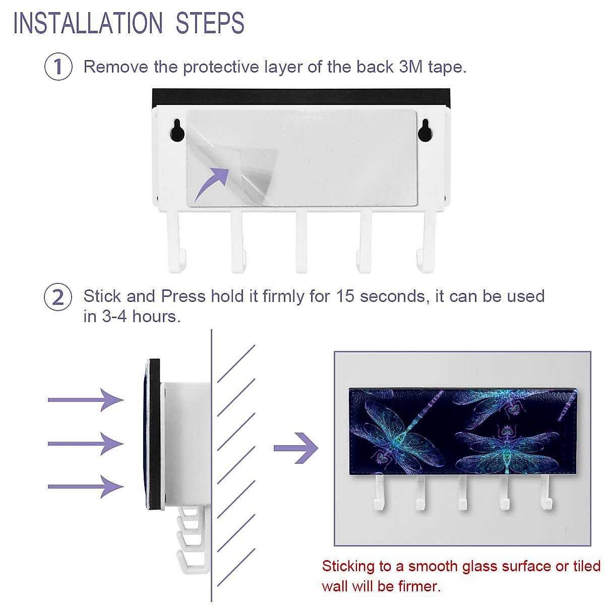 Self Adhesive Hooks Wall Mounted, Coat and Hat Hooks Rack, Dragonfly Navy Blue Towel Hanger Hook, Door Bathroom Kitchen Bathroom Decor