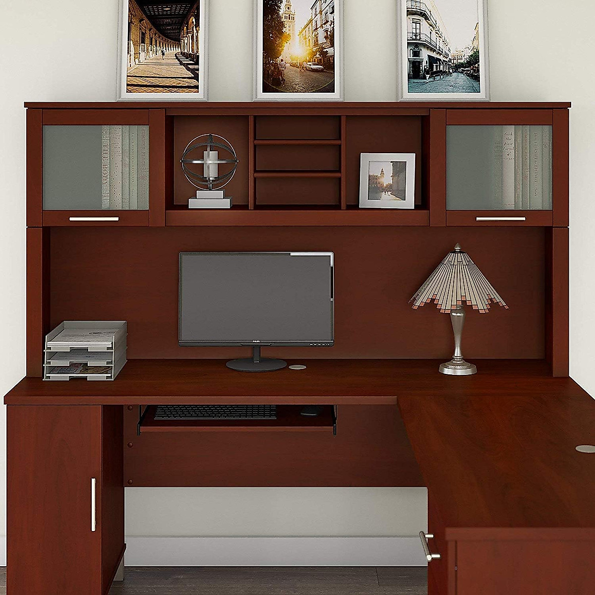 Bush Furniture Somerset 72W Desk Hutch in Hansen Cherry, Attachment with Shelves and Cabinets for Home Office