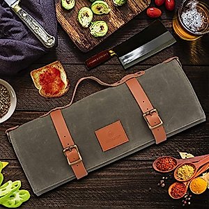 FIREDOG Wessleco Chef Knife Roll Bag (10 Pockets), Waxed Canvas Knife Carrying Case Storage with Handle & Shoulder Strap, Zipper Pouch for Culinary Tools (Knives Not Included)
