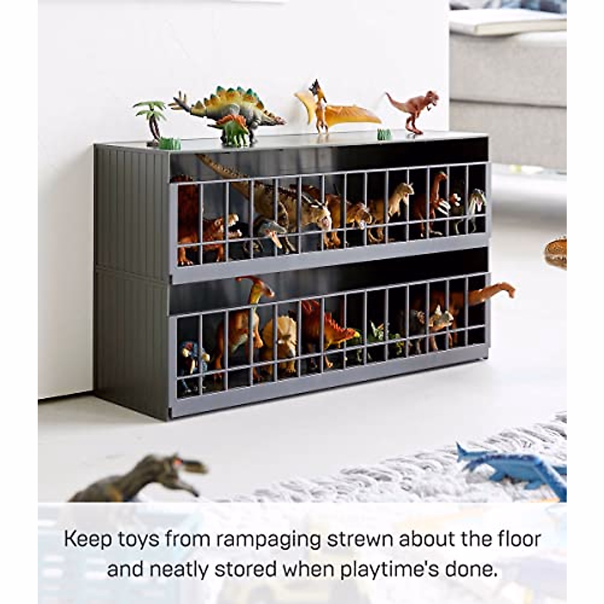 Yamazaki Home Two-Tier Toy Dinosaur and Animal Display Storage Rack, Childrens' Toy Bin Organizer Box, Plastic, Stackable, No Assembly Req.