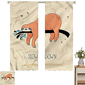 Animal Room Darkened Heat Insulation Curtain, Curtains 63 inch Length Sleepy Sloth Cartoon Protective Furniture W63 x L63 Inch