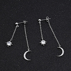 925 Sterling Silver Moon Star Earrings for Women Crescent Dangle with Cubic Zirconia Celestial Jewelry for Wedding