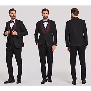 YND Men's 3 Piece Slim Fit Tuxedo Suit Set, One Button Shawl Lapel Solid Blazer, Jacket Vest Pants with Bow Tie, Maroon Collar Black