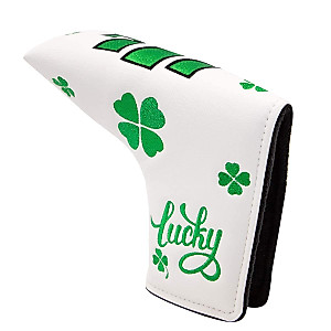 Lucky Green Clover Shamrock Golf Blade Putter Cover Headcover Club Protective Golf Accessories for Men,Soft Synthetic Leather,for Scotty Cameron,Odyssey,Taylormade in White