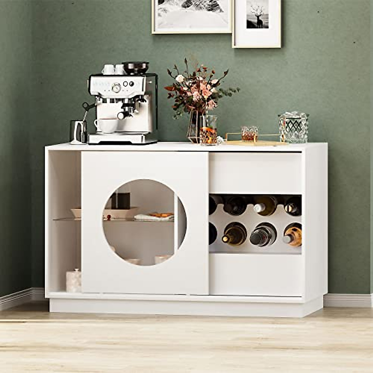 Waktavel Wine Bar Cabinet for Alcohol and Glasses, Buffet Cabinet with Storage，Alcohol Cabinet Small Liquor Cabinet Drawers, Sideboard Buffet Pantry Cabinet for Dining Room, White