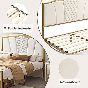 Queen Size Platform Bed Frame with Upholstered Headboard, Platform Bed Frame with Metal Frame & Sturdy Wood Slat Support, No Box Spring Needed for Bedroom Family Furniture Boys Girl (Queen, Beige)