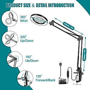 Magnifying Glass with Light and Stand,5X&10x Real Glass Desktop Magnifier with Light,3 Color Stepless Dimmable Adjustable Swing Arm Lighted Magnifying Desk Lamp for Close Work,Crafts,Sewing,Soldering