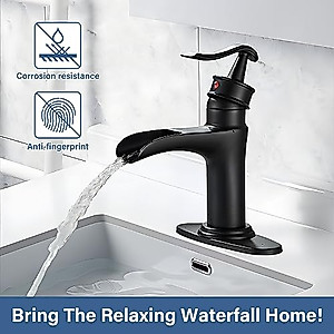 NeierThodore Waterfall Brass Bathroom Faucet Single-Handle One Hole Vanity Sink Faucet Vessel Faucet Basin Mixer Tap with Deck Plate,Matte Black