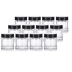 1 oz / 30 ml Clear Thick Wall Glass Straight Sided Jar with Black Smooth Lids (12 Pack) Airtight, Smell Proof