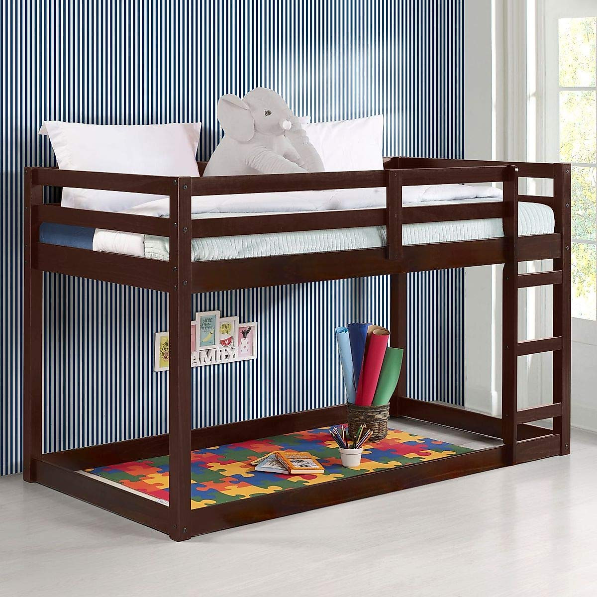 Low Bunk Beds Twin Over Twin, Wood Twin Bunk Bed Frame with Safety Rail Ladder for Kids Bedroom, Espresso Loft Bed for Boys Girls Toddlers