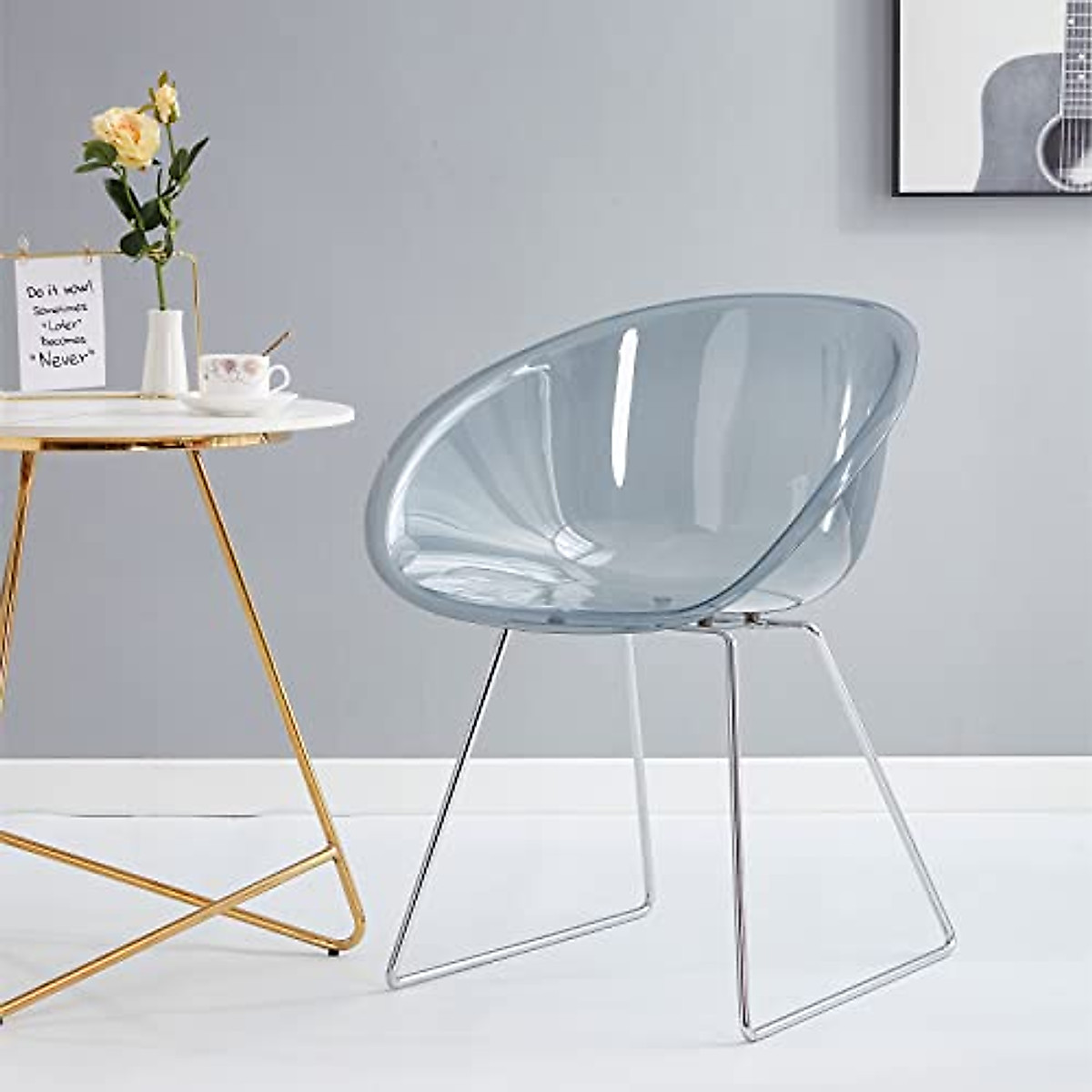 Acrylic Dining Chairs Set of 2, Transparent Shell and Metal Legs Plastic Side Chairs for Kitchen and Dining Room, Living Room (Grey)