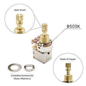 FLEOR 2pcs B500K Push Push Guitar Pots Short Copper Split Shaft Linear Taper Potentiometers