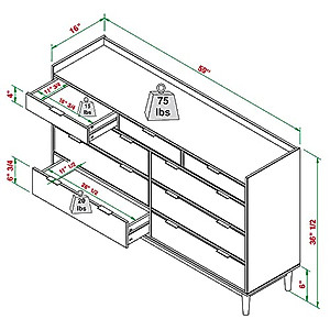 Walker Edison Blythe Mid-Century Modern Tray-Top Solid Wood 9-Drawer Dresser, 60 Inch, Caramel