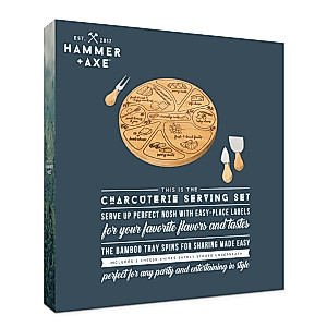 Hammer + Axe Charcuterie Board Set - Rotating Serving Cheese Board with Utensil Tools & Easy-Place Labels - Bamboo Charcuterie Boards Gift Set - Compact & Space-Saving Cheese Platter Tray & Knife Set